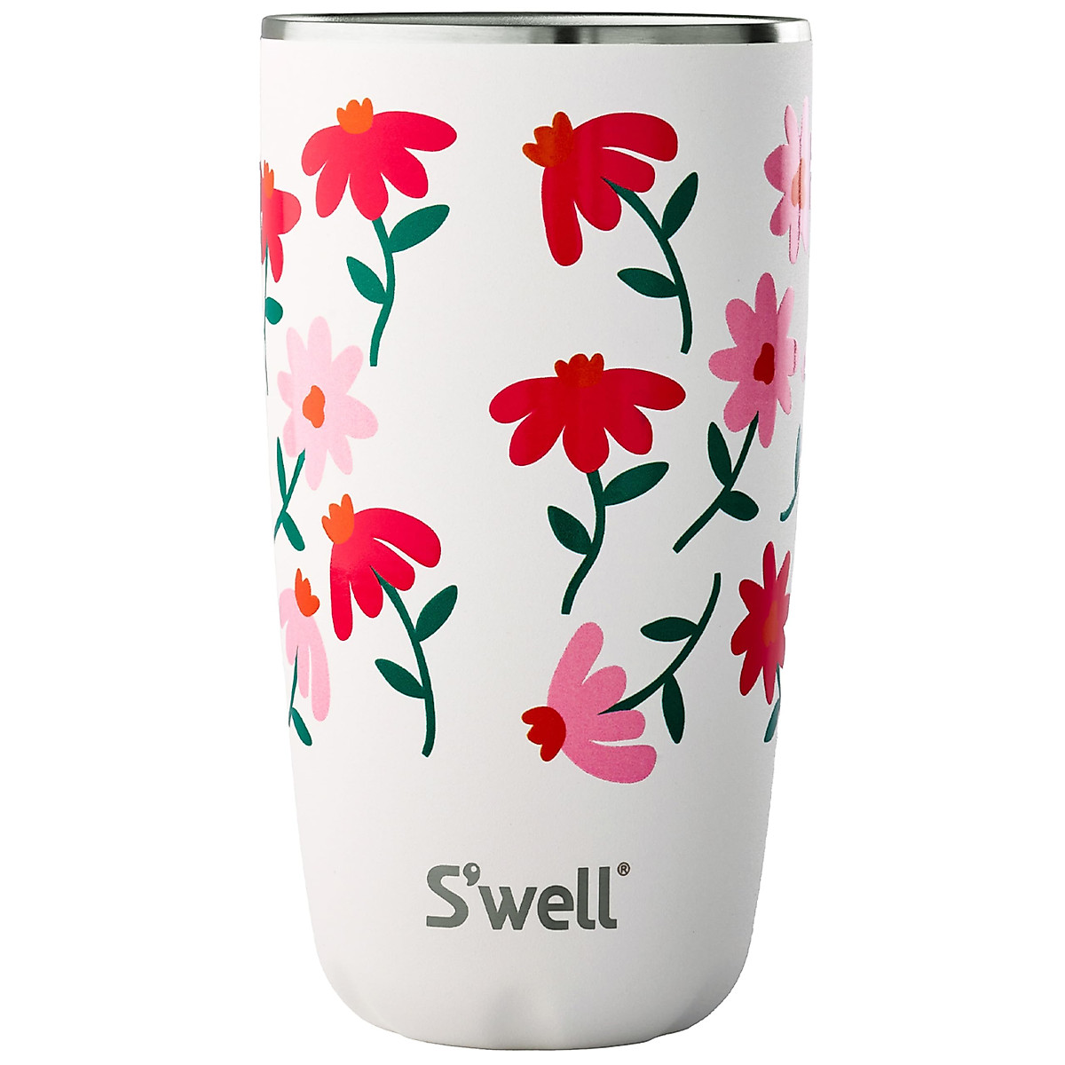 S'well Stainless Steel Tumbler with Slide-Open Lid, 18oz, Pink Daisy, Triple Layered Vacuum Insulated Containers Keeps Drinks Cold for 12 Hours and Hot for 4, BPA Free