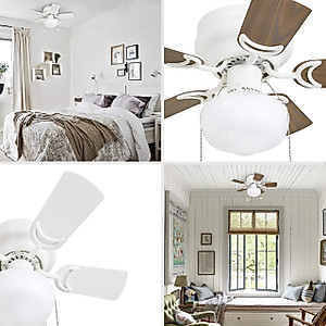 Prominence Home Hero, 28 Inch Traditional Flush Mount Indoor LED Ceiling Fan with Light, Pull Chain, Dual Finish Blades, Reversible Motor - 41530-01 (White)