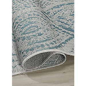 FH Home Flat Woven Outdoor Rug - Waterproof, Easy to Clean, Stain resistant - Premium Polypropylene Yarn - Distressed Farmhouse - Porch, Deck,Balcony,Laundry Room - Granada - Aqua - 2ft 7in x 4ft 11in