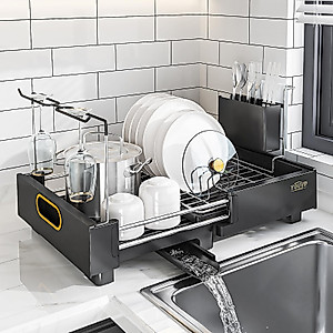 Dish Drying Rack, Large Capacity Kitchen Counter Dish Rack, Auto-Drain Expandable(13.5"-22") Anti-Rust Stainless steels Dish Strainer with Drainboard, Wine Glass Holder and Utensil Holder, Black