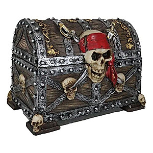 Ebros Large Pirate Ghosts Of The Caribbean Pirate Marauder Skull With Criss Cross Blades Treasure Chest Box Jewelry Box Figurine 7.25"Long
