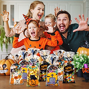 RICEDUO Halloween Cellophane Treat Bags, Halloween Trick or Treat Goody Gags 100pcs with Twists for Snacks Cookies Packing, Goodie Bags Halloween Party Supplies
