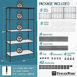 Fencer Wire NSF Adjustable Height Wire Shelving Unit w/Liner, Basement Storage Shelving, Metal Steel Storage Shelves, Kitchen, Garage Shelving Storage Organizer, Utility Shelf, 5-Tier W/Liners