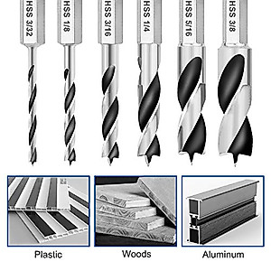 COMOWARE Brad Point Stubby Drill Bit Set for Wood, 6pcs HSS 4241 Steel with 1/4-Inch Quick Change Hex Shank