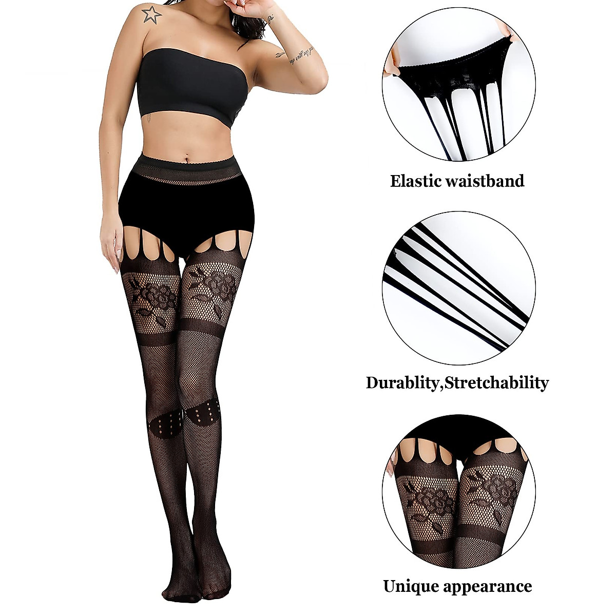 Chalier 4 Pairs Fishnet Stockings Tights Suspender Sexy Pantyhose Lace thigh high stockings for Women (Dull Black)