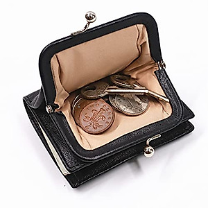 Rfid Blocking Genuine Leather Wallet for Women,Full Grain Leather Bifold Small Ladies Purse,with Kiss Lock Closure Coin Pocket and ID Card Holder,Black Soft Cow Leather,Packed with Gift Box (Black)