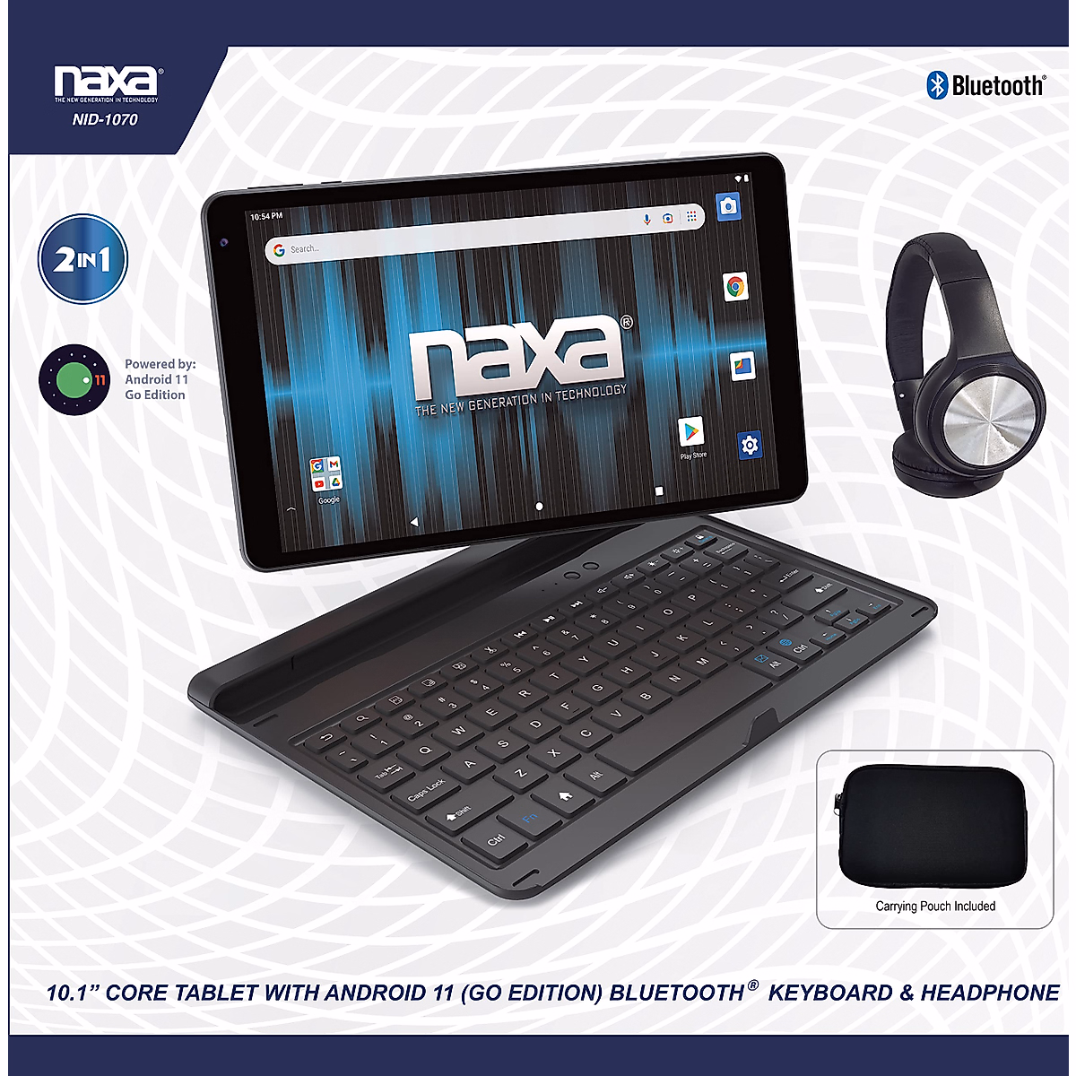 Naxa NID-1070 2-in-1 Core Android 11 Tablet with 10.1” HD IPS Screen and Bluetooth Keyboard Combo, 1.8GHz Quad Core Processor, 2GB RAM, 32GB Storage, Front & Rear Cameras, Speaker, & Microphone, Black