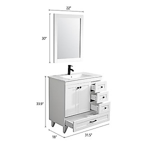 DodreHome 30" Bathroom Vanity with Sink Combo, Modern Freestanding Bathroom Cabinet with Soft Closing Door and Drawers, Includes Undermount Single Vessel Sink, Faucet & Mirror, White (30INCH)