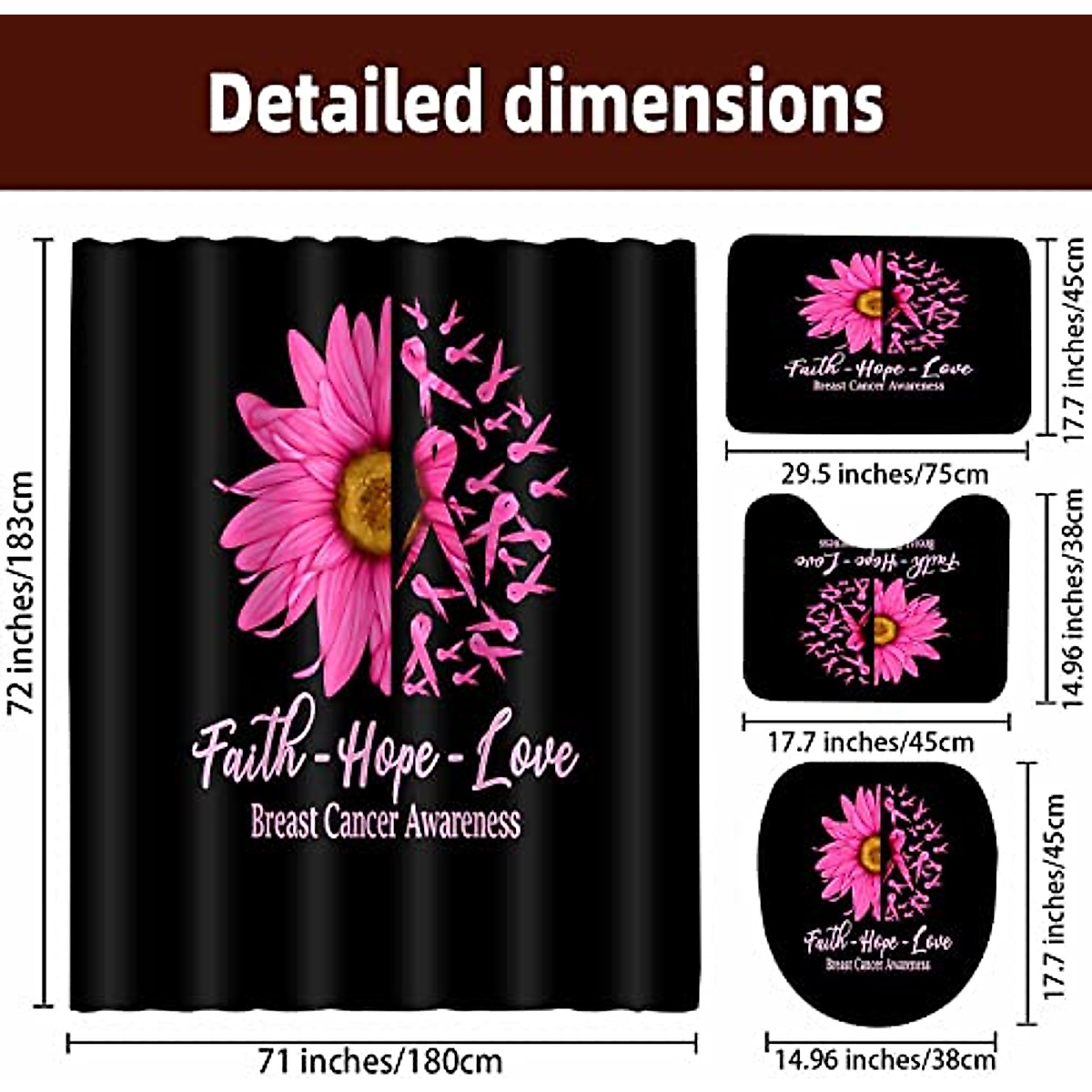 EARVO 4Pcs Breast Cancer Awareness Shower Curtain Curtain Set with Non-Slip Rugs, Toilet Lid Cover and Bath Mat, Pink Ribbon Bath Curtain 71x72 inches 12 Hooks SETYYEA22
