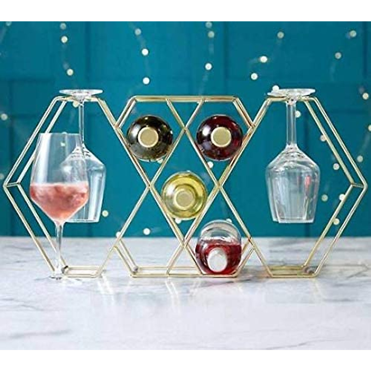 Golden Wine and Glass Rack, Tabletop Wine Rack, Countertop Wine Rack, Wine Bottle Holder, Holds Bottles & Glasses, Freestanding Wine Storage, Perfect for Kitchen Home Bar Storage