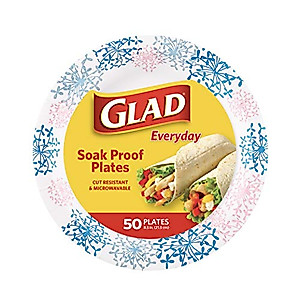 Glad Round Disposable Paper Plates for All Occasions | Soak/ Cut Proof, Microwaveable Heavy Duty Disposable 8.5" Diameter, 50 Count Bulk Plates, Pink Hydrangea