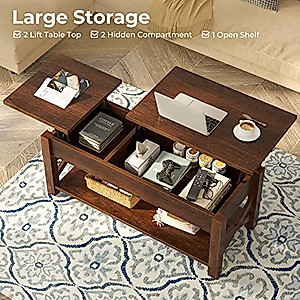 Rolanstar Coffee Table 47.2", 2 Way Lift Top Coffee Table with Hidden Compartment, Lift Top Coffee Table with Open Shelf & X Wooden Support, Farmhouse Center Table for Living Room, Espresso