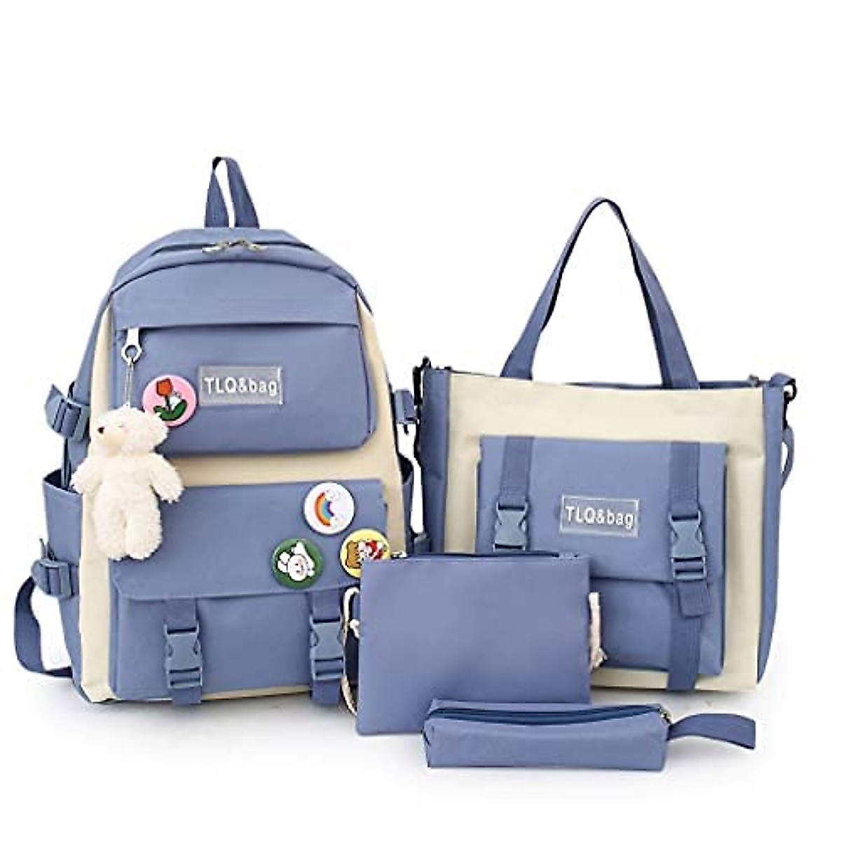 4PCS Canvas School Backpack Combo Set with Kawaii Teddy Bear Pendant Pin Cute Aesthetic Laptop Schoolbag Shoulder Tote Bag (Blue)