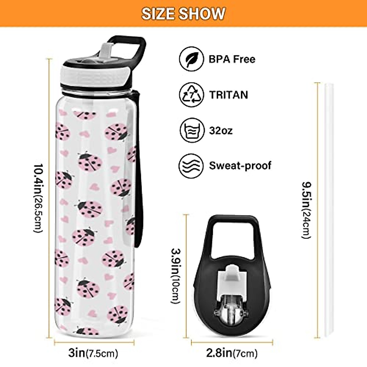 Fustylead Cute Ladybug and Hearts 32oz BPA Free Water Bottles, Leakproof Tritan Sport Water Bottle with Straw for Gym Fitness Running