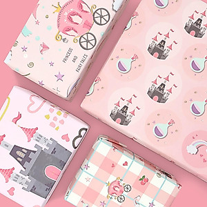 Pink Gift Wrapping Paper, 4 Folded Sheets Kraft Birthday Wrapping Paper Castle Carriage Fairy Tales Princess Magical Gift Wrap Paper 20x28 inch for Girl Women Birthday Party Baby Shower Christmas