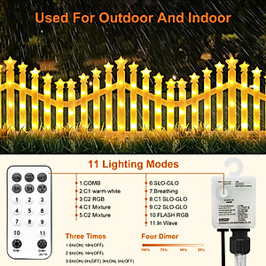 Garden Picket Fence Lights 8 Pack, 11 Modes Fence Lights with Remote,13.8 x 11 inch Christmas Tree Fence Lights Plug in,Plastic White Edgings Garden Picket Fence Lights for Landscape Patio Yard Xmas