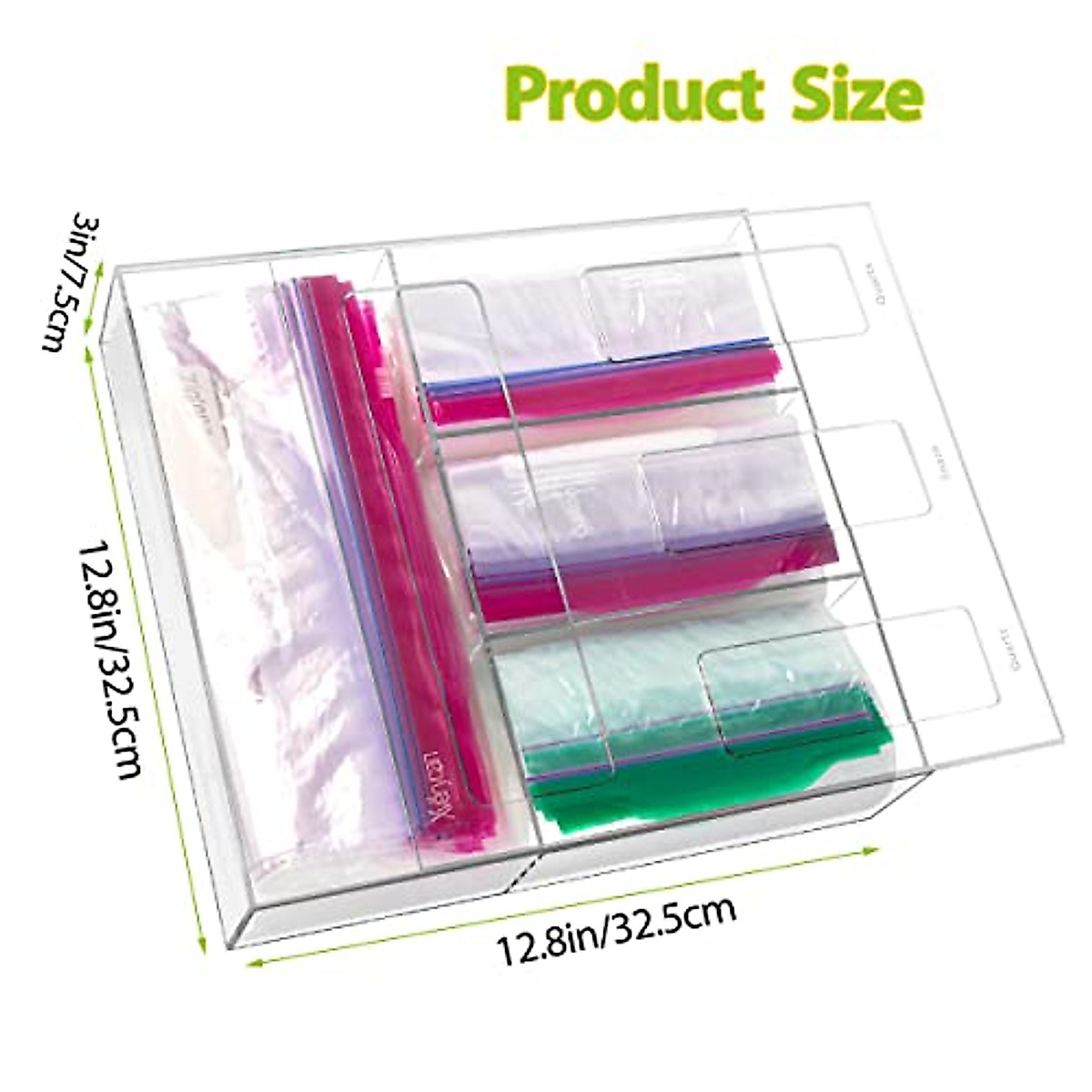 Xverycan Acrylic Ziplock Bag Storage Organizer, Clear Food Baggie Organizer Dispenser for Kitchen Drawer, Gallon, Quart, Sandwich, Snack, Freezer, Slider Bags (Drag to Open)
