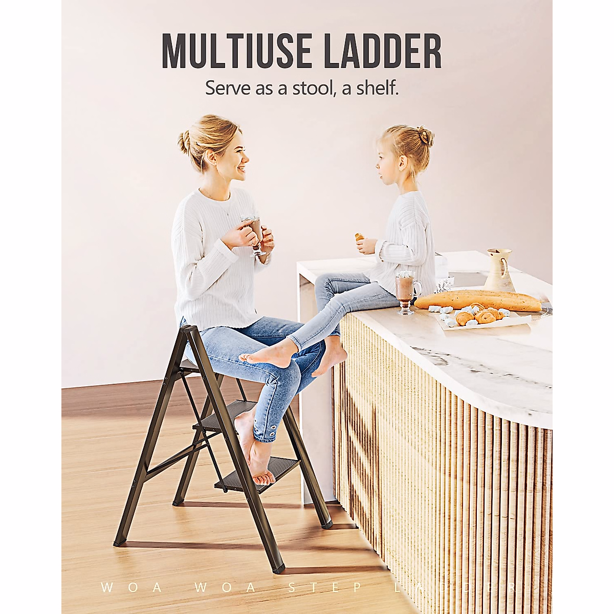 WOA WOA 3 Step Ladder, Foldable Step Stool, Aluminum Lightweight Ladder for Home Kitchen Closet, Anti-Slip Pedals, Ease of Folding, Portable, 300lbs Capacity - Black