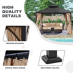 ABCPATIO 10x10 Hardtop Gazebo - Outdoor Polycarbonate Double Roof Gazebo Canopy, Metal Frame Permanent Pavilion with Curtains and Netting for Patio, Garden, Patio, Lawns (Beige)