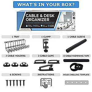 MANA'O Clamp-On Cable Management Tray Kit. Under Desk Storage Cord Organizer with Clamp! and Accessories - Cable Clips, Fastening Tape, Ties Straps and Wire Organizer Cover Braided Cable Sleeve
