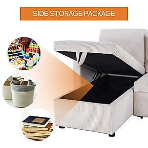 EBELLO 3 in 1 Convertible Sleeper Sofa Bed, Soft Corduroy L-Shaped Couches for Living Room, Small Pull Out Sectional Futon Sofa Bed with Storage Chaise and 2 Pillows, for Small Space Apartment, Beige