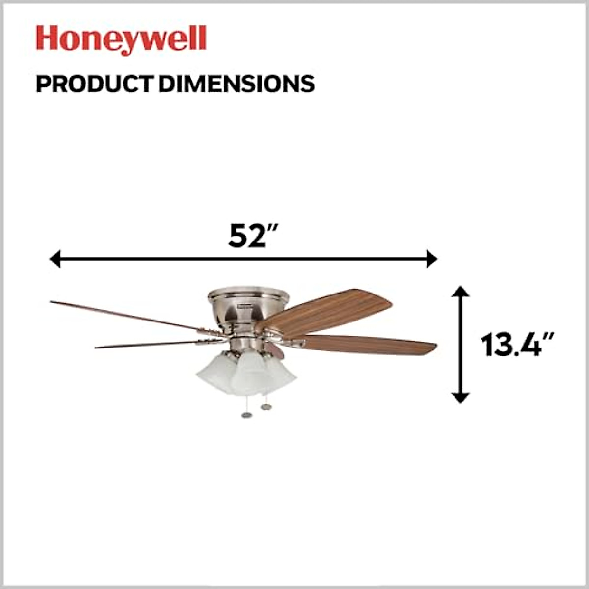 Honeywell Ceiling Fans Glen Alden, 52 Inch Classic Flush Mount Indoor LED Ceiling Fan with Light, Pull Chain, Quick-2-Hang Dual Finish Blades, Reversible Motor - 50182 (Brushed Nickel)