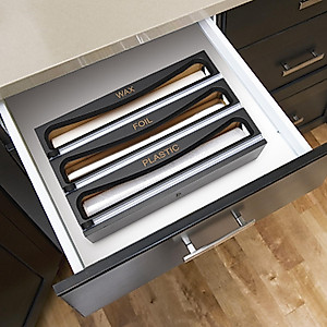 Cozee Bay Bamboo Wrap Dispenser with Cutter, Plastic Wrap Organizer, Aluminum Foil Organization, and Wax Paper Dispenser Holder for Kitchen Drawer and Wall, Compatible with 12" Roll (Black)