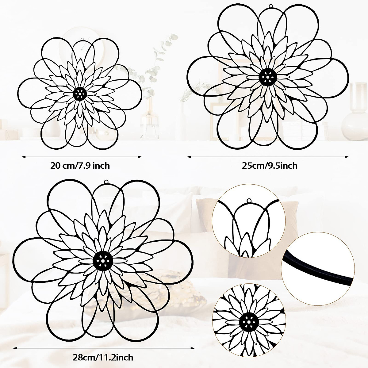 3 Pieces Metal Flower Wall Decor Rustic Galvanized Metal Flower Hanging Metal Flower Wall Art Wire Outline Wall Flowers Decor for Home Bedroom Bathroom Kitchen Garden Wall Art (1 Style)