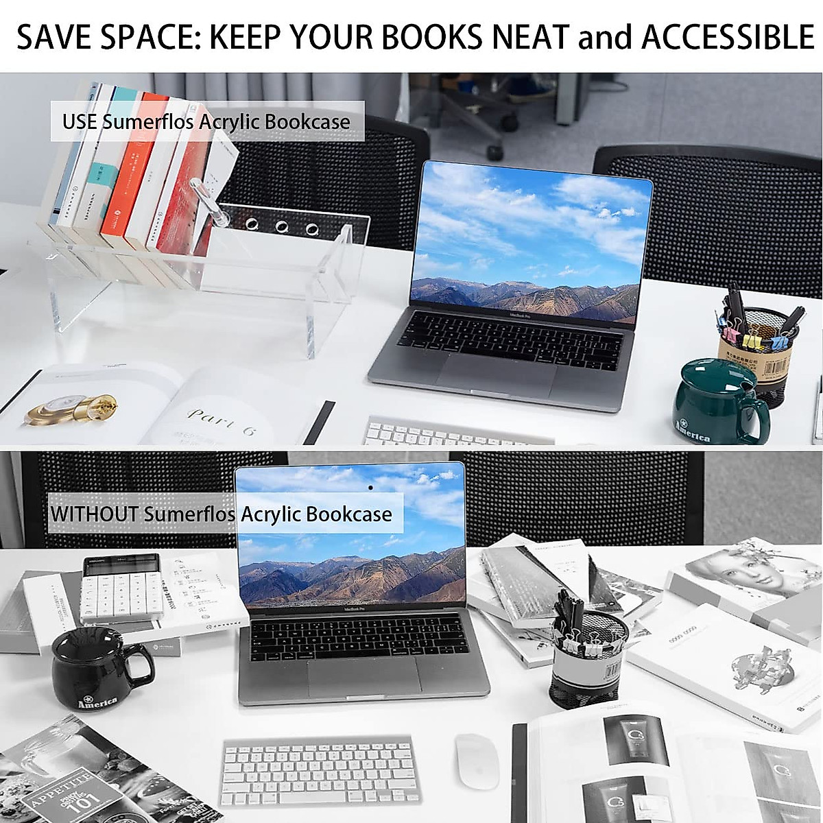 Sumerflos Acrylic Desktop Bookcase, Book Storage Organizer Bookshelves, Clear Mordern Tabletop Storage Rack for Office Home Shelf Display for Cd/Magazine/Book - Clear