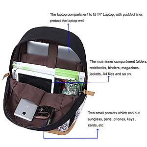 Bluboon School Backpack Set 3 Pieces Lightweight Canvas Teen Girls Bookbags Lunch Box Pencil Case (Black-flower)