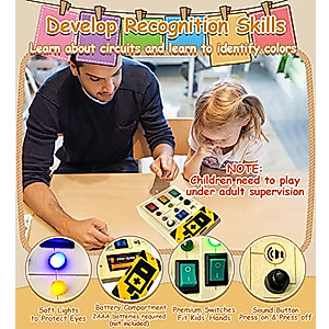 TEUVO LED Light Switch Busy Board for Toddler with Sound Montessori Toys Wooden Sensory Board Travel Toys with Button Keep Toddler Busy Educational Learning Toy Gifts for Kids Boy Girls Aged 1 2 3 4 5