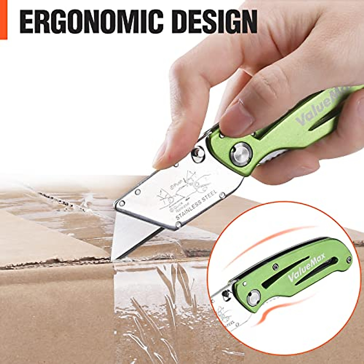 ValueMax Folding Utility Knife Set, All Metal Liner Lock Box Cutter, Quick Change Blade Razor Knife, with 10 Extra SK5 Blades, Set of 3 (Green, Orange, Gray)