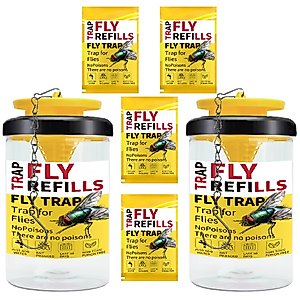 Reusable Outdoor Hanging Fly Trap Bottles (2 Bottles) with 4 Natural Bait Refill | Hanging Anywhere for Backyard, Patio, Garbage Cans, Farms, Barns and More | Fly Catcher | Fly Bait