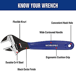 WORKPRO 2-piece Adjustable Wrench Set, 6-Inch & 10-Inch Wrenches, Wide Jaw Black Oxide Wrench With Cushion Grip, Metric & SAE Scales, Cr-V Steel, for Home, Garage, Workshop
