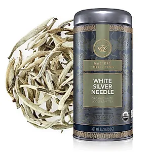 Teabloom Organic White Silver Needle Loose Leaf Tea, Rare USDA Certified Organic & Kosher White Tea With Delicate Honeysuckle Notes, 2.12 oz/60 g Canister Makes 35-50 Cups