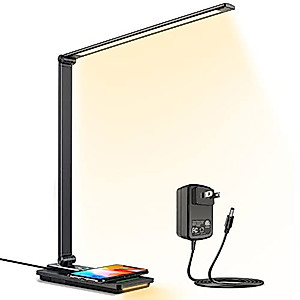 JOSTIC Led Desk lamp with Fast Wireless Charger, Night Lighting, USB Charging Port, 10 Brightness 5 Color, Natural Light Eye Caring Reading Lamp, Desk Light for Home Office, Bedside Table Lamp, Black