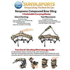 SUNYA Neoprene Compound Bow Sling, Silent Hunting or Fast Movement 2 Carrying Modes Switchable. Padded Shoulder Sling Removable & Adjustable. Camouflage Fabric. (Camo with Green Strap)