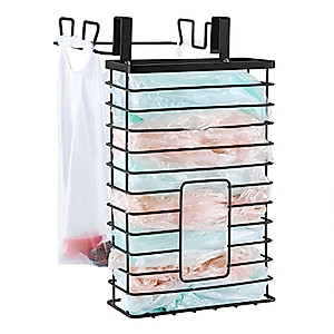 KES Plastic Bag Holder for Grocery Bags, Over The Cabinet Door Organizer, Hanging Trash Bag Holder Metal, Matte Black, KUR525-BK