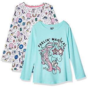 Amazon Essentials Toddler Girls' Long-Sleeve Tunic T-Shirts (Previously Spotted Zebra), Pack of 2, White Doodles/Unicorn, 2T