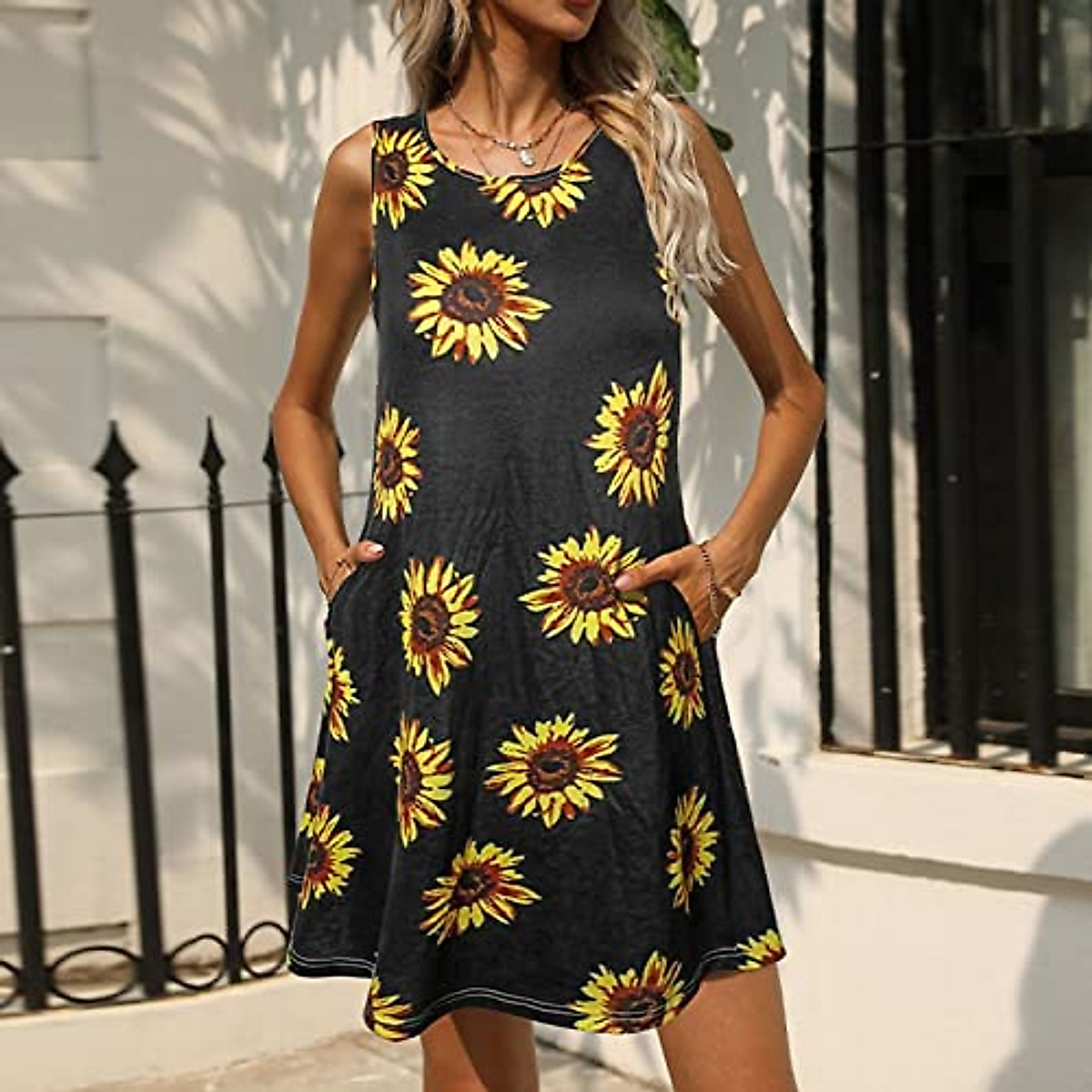 Cnebo Midi Dresses for Women Wedding Guest 2023 Women's Summer Loose Tassel Sleeveless Printed Dress Sky Blue