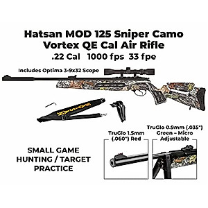 Hatsan Mod 125 Sniper Camo .22 Cal 1250 FPS / 33 FPE - Vortex Piston Break Barrel Air Rifle 22 Caliber + 3-9×40 Scope, Adjustable Cheek Piece & QuietEnergy QE air Gun + Wearable4U 250x Pellets Bundle