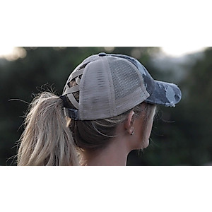 Funky Junque Ponytail Messy Bun Trucker Ponycap: Jet Black CAMO w/Black Criss Cross Back