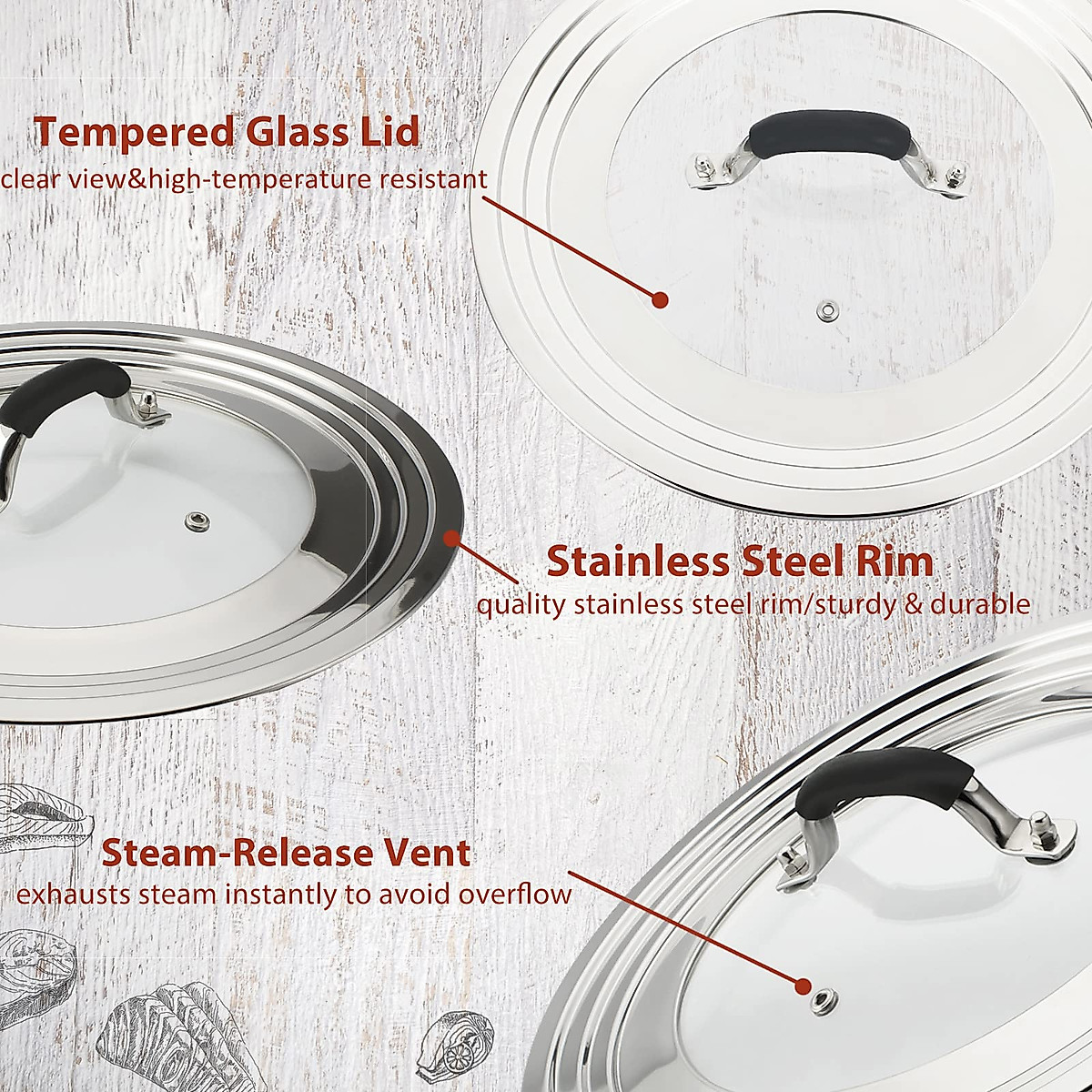 WishDirect 15 Inch Large Universal Pans Pots Lid Cover Fits 11/12/13/14/15" Frying Pans/Pots/Woks, Stainless Steel and Tempered Glass Lid with Vent Hole and Heat Resistant Handle