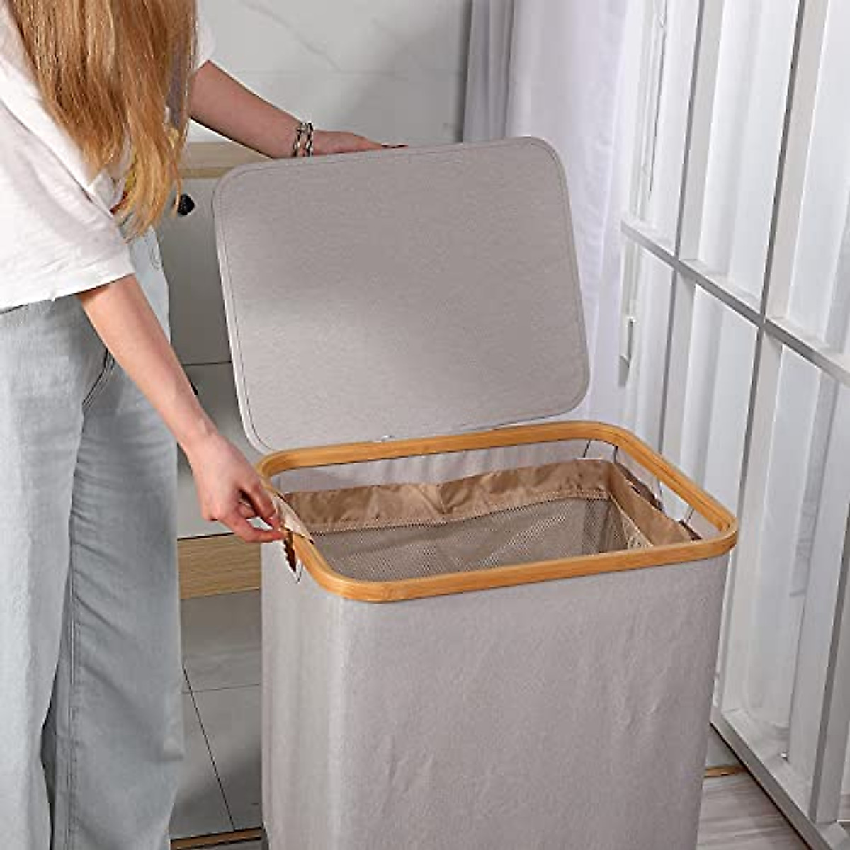 Large Laundry Hamper with Lid - Collapsible Laundry Baskets with Wheels and Removable Laundry Bag, 105L Capacity Dirty Clothes Hampers with Handles for Living Room, Bedroom, Laundry Room, Beige+Grey