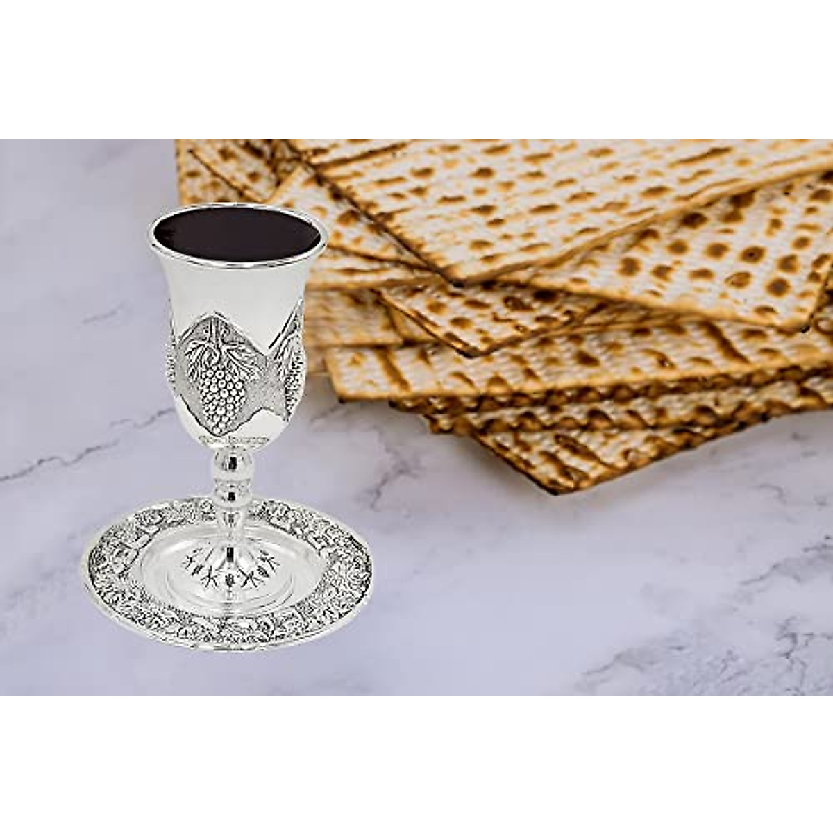 The Dreidel Company Tall Kiddush Cup With Leg Grape Design, Premium Quality Silver Plated Goblet, Shabbat and Havdalah Goblet, Judaica Shabbos and Holiday Gift (Grape-Design with Leg)