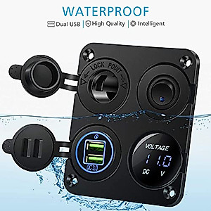Kohree 12V Marine Car Charger Socket Panel, 4 in 1 Waterproof Boat Cell Phone Rocker Switch Panel with Dual QC3.0 USB Power Outlet Cigarette Lighter Socket for RV Marine Boat Camper Truck Automotive