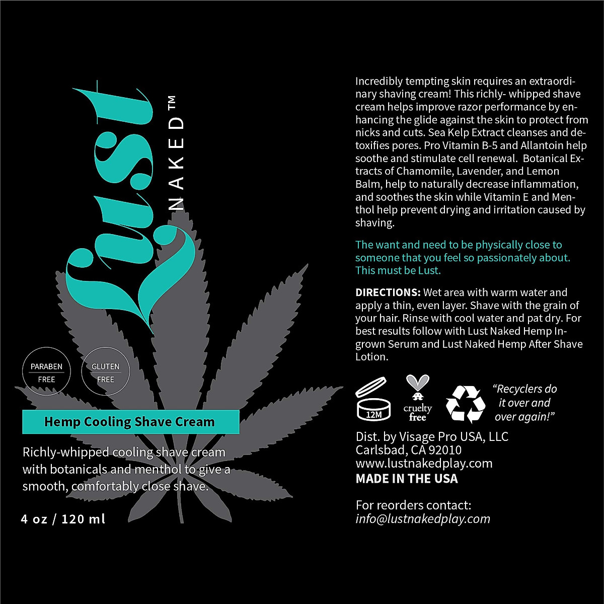 Lust Naked - Hemp Cooling Shave Cream, Menthol Shave Lotion, Shaving Cream Gel, 4.0 oz.