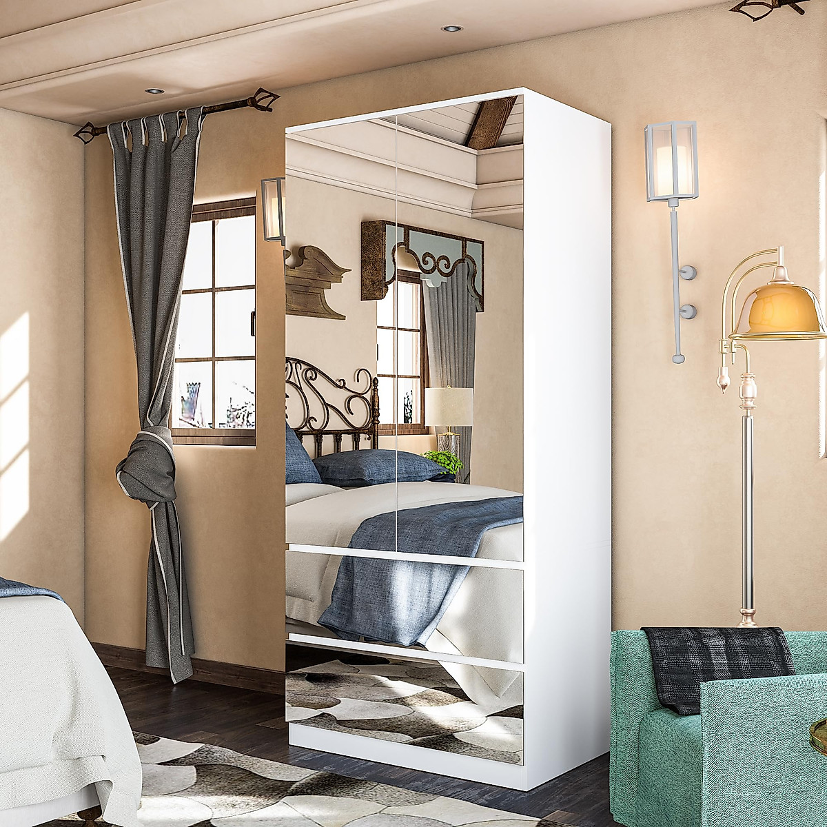 Hitow Wardrobe Armoire Closet with Full Length Mirror, Freestanding Wardrobe Cabinet with Hanging Rod & 2 Drawers, Bedroom Storage Cabinet Clothes Organizer, White (19.5" D x 31.5" W x 70.9" H)