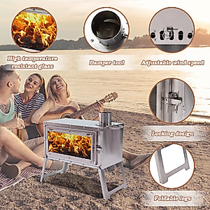 TITIMO Foldable large tent stoves with Chimney Pipe Wood Burning Stove for Camping,Hunting,Ice Fishing,Heating,Cooking(Stainless Steel)