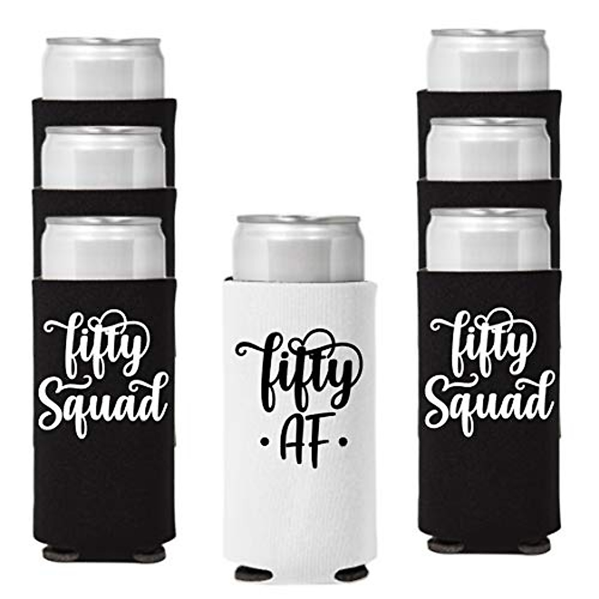 Veracco Fifty AF Fifty Squad 50 Years Slim Can Coolie Holder 50th Birthday Gift Fifty Squad and Fabulous Party Favors Decorations (Black/White, 12)